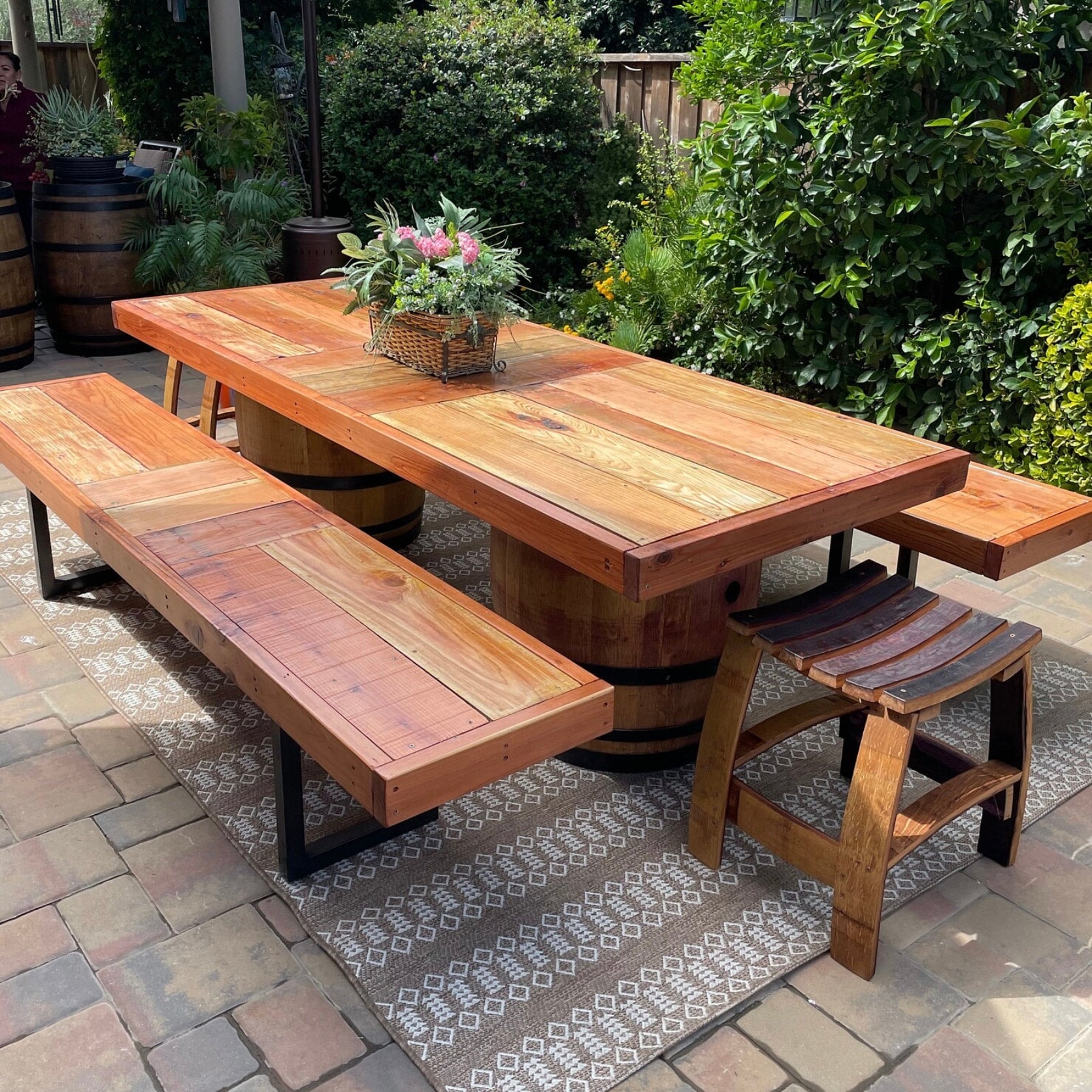 Redwood Table and Bench with Iron Base | Barrel Dreams Inc.