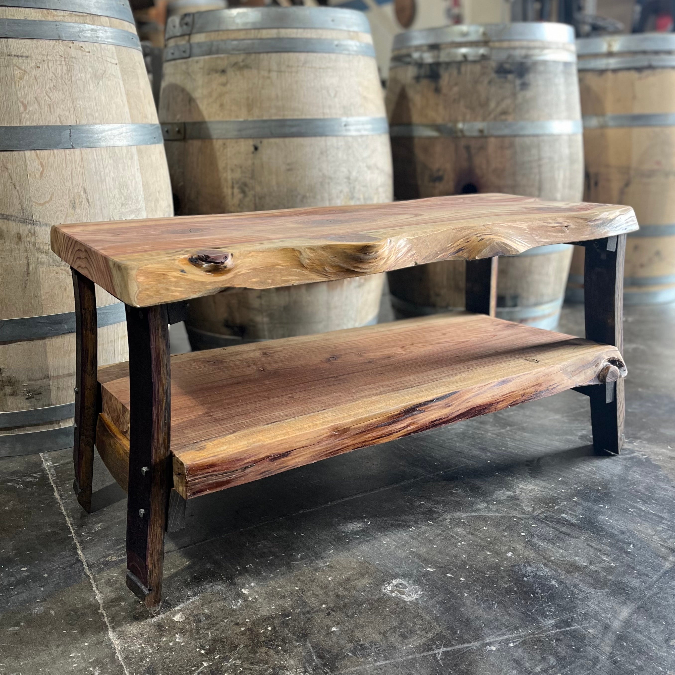 Wine Barrel TV Stand with Live Edge Redwood Slab | Barrel Dreams Inc.